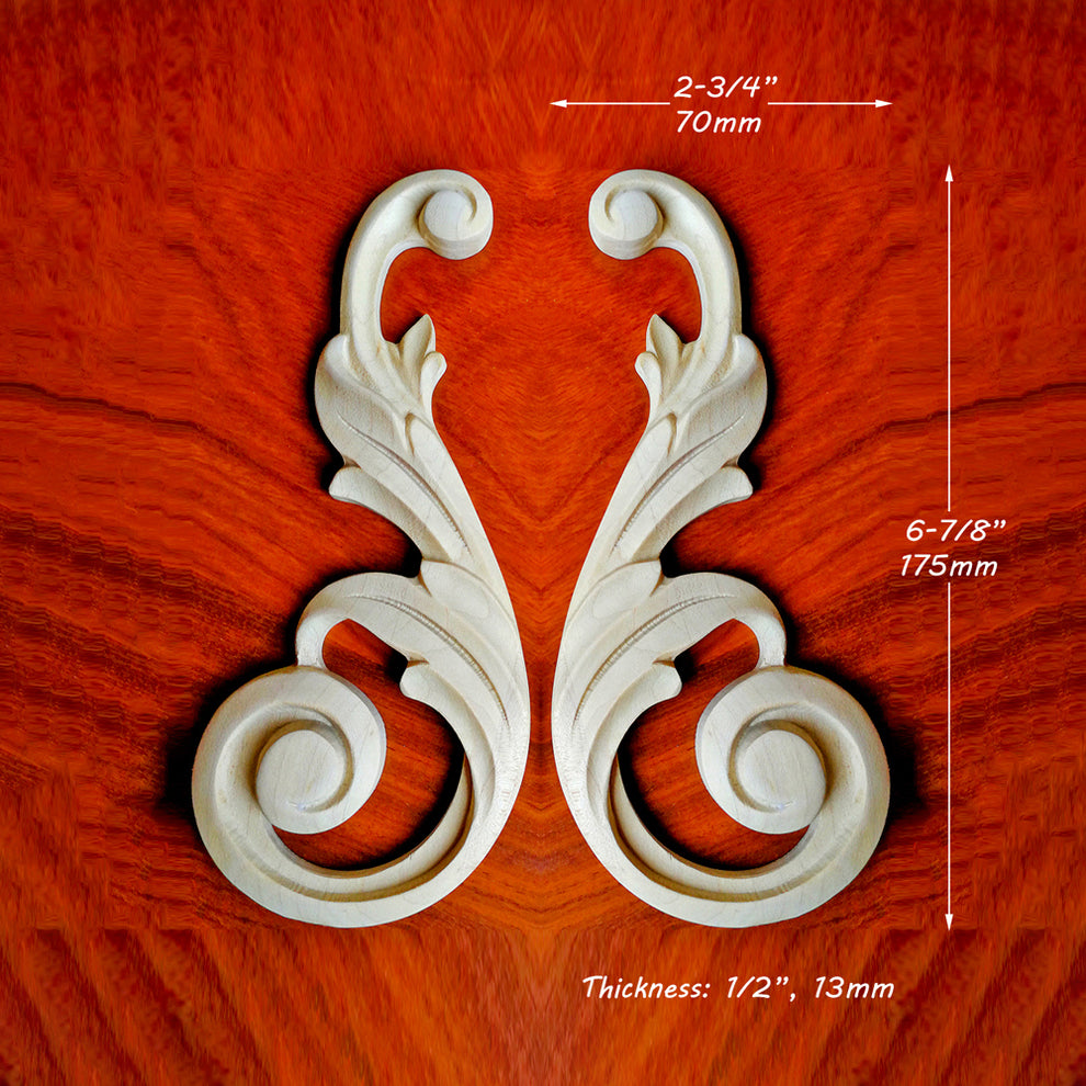PAIR of Simple & Beautiful Scroll Leaf Carved Onlay – WOODECORS