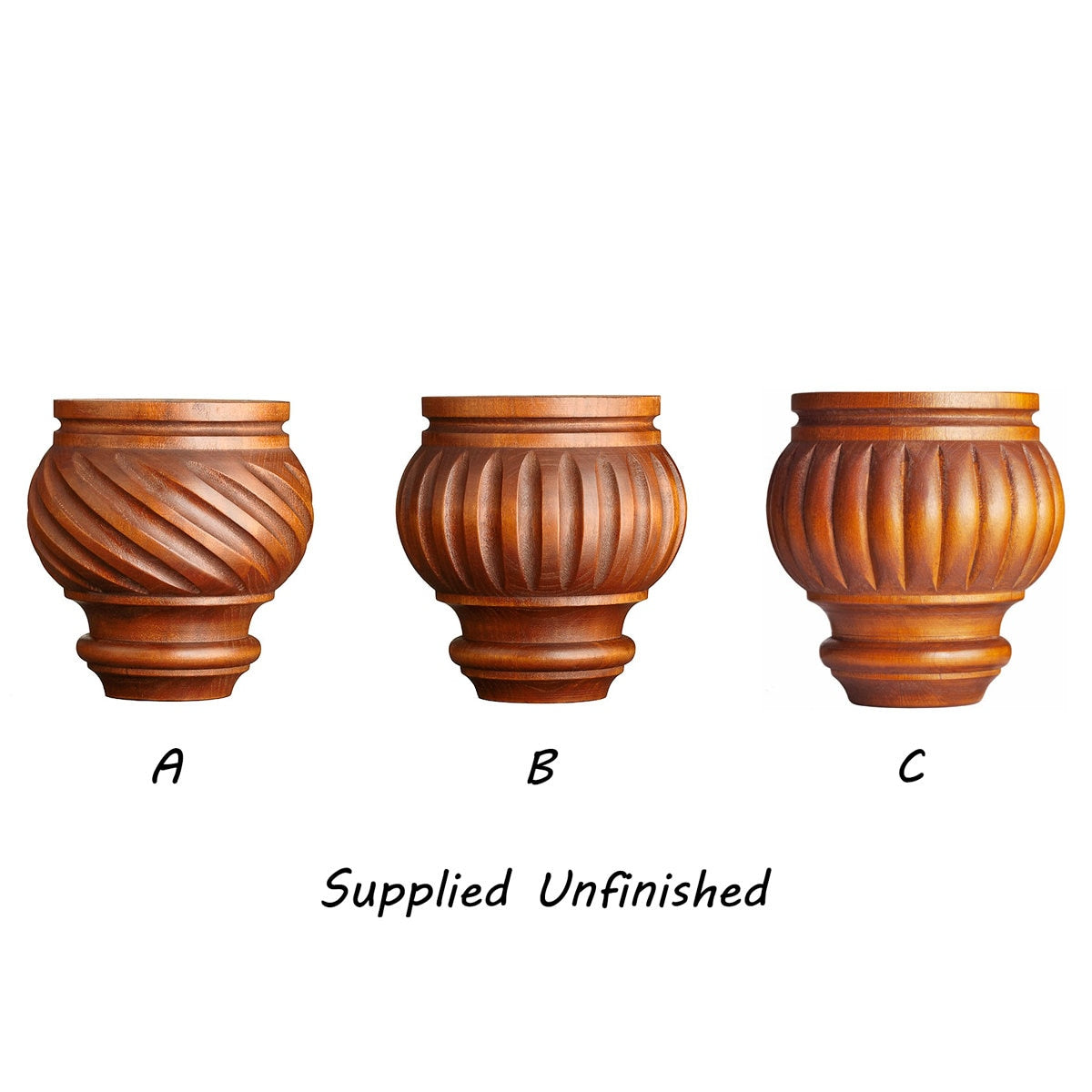 PAIR of Reeded, Fluted and Swirl Carved Wood Bun Feet, Sofa Legs, Repl ...