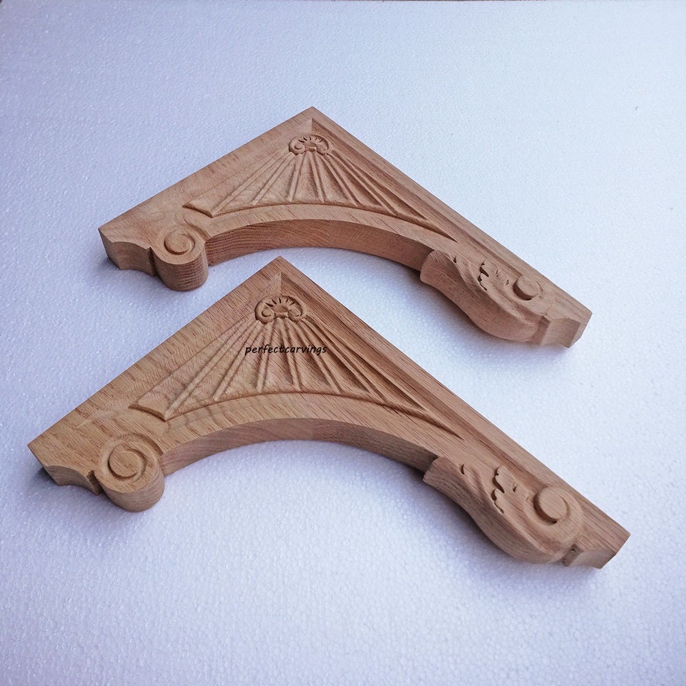 PAIR of Geometric Patterns & Leaf Carved Wood Shelf Bracket Corbels, U ...