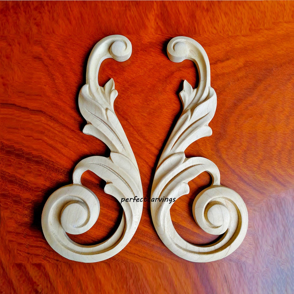 PAIR of Simple & Beautiful Scroll Leaf Carved Onlay – WOODECORS