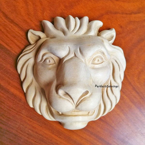 Wood Carved Majestic Lion Head Decor for Furniture and Door – WOODECORS