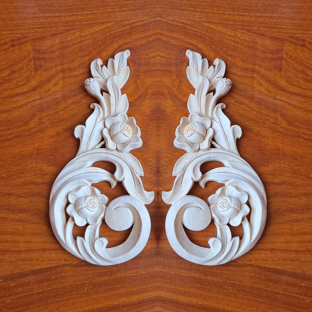 PAIR of Rose and Buds Scroll Carved Wood Appliques – WOODECORS