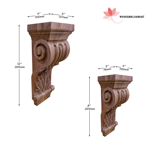 PAIR of Wood Carved Fluted Acanthus Corbels, Available in 8" & 12"High ...
